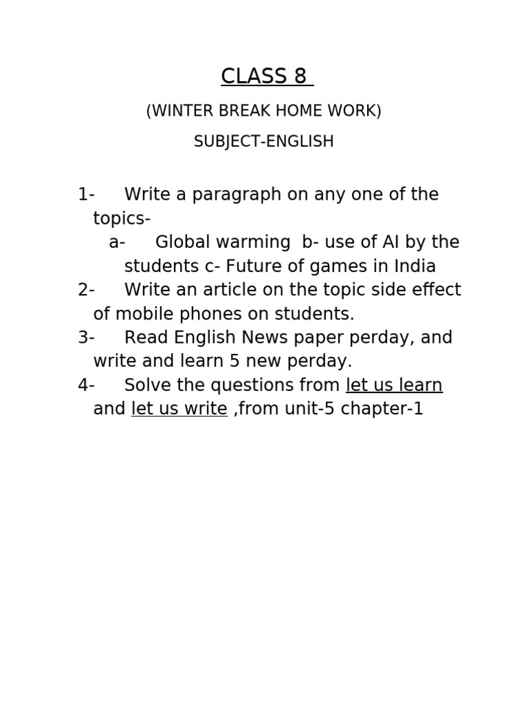 Class 8 English Winter Homework Tasks | PDF