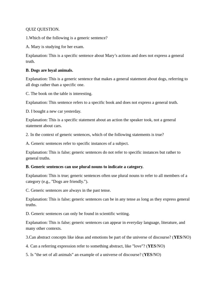 Understanding Generic Sentences Quiz | PDF