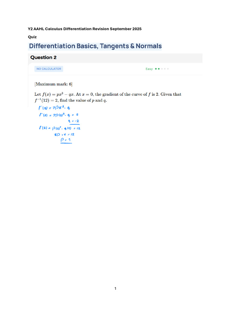 Y2 AAHL Calculus Differentiation Quiz 1 September 2025 | PDF | Calculus ...