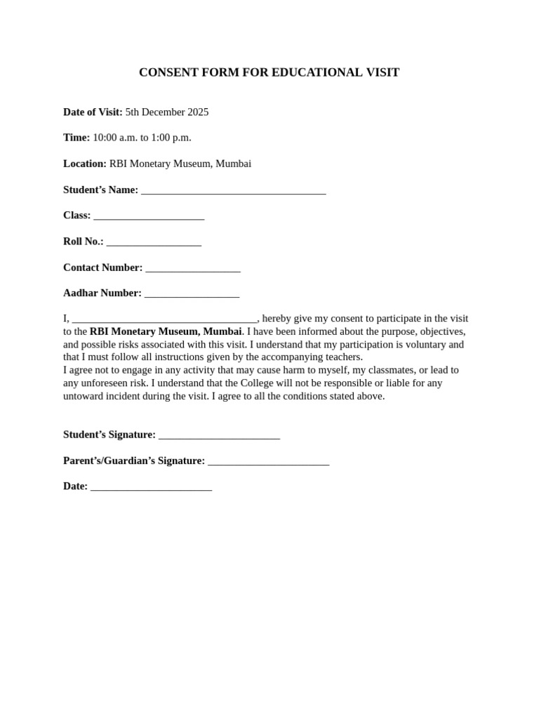 Consent Form For Educational Visit | PDF