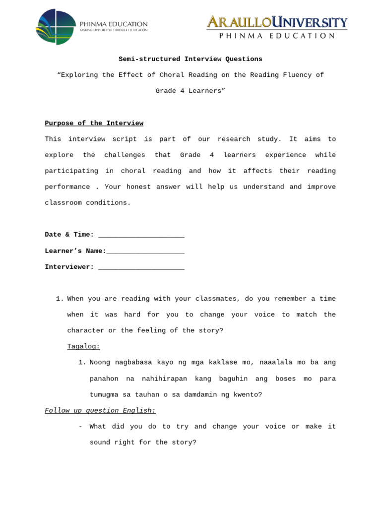 Semi-structured Interview Questions | PDF | Tagalog Language ...