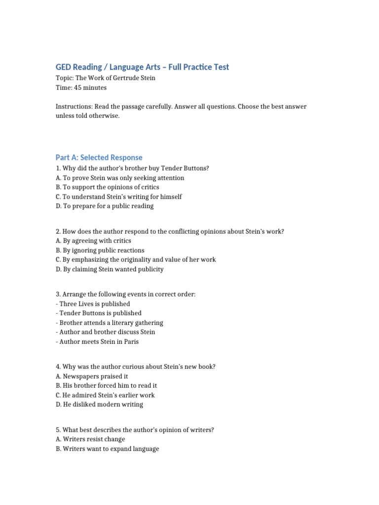 GED Practice Test: Gertrude Stein Analysis | PDF | Gertrude Stein ...