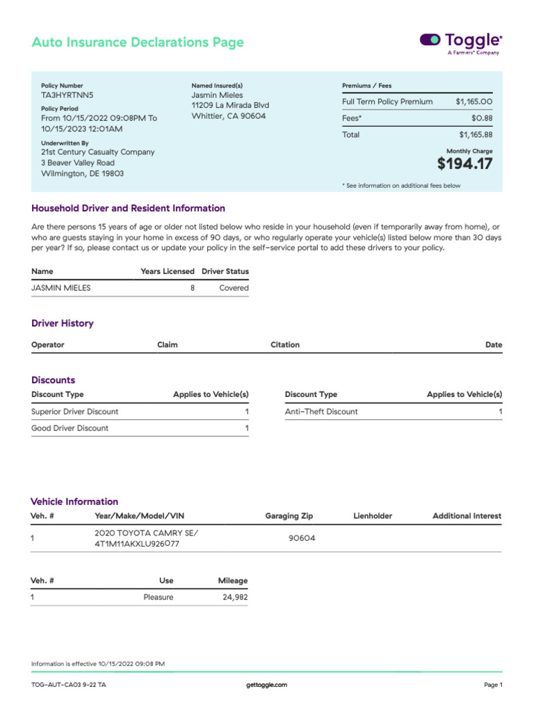 Auto Insurance Policy Summary for Jasmin Mieles | PDF | Land Vehicles | Car