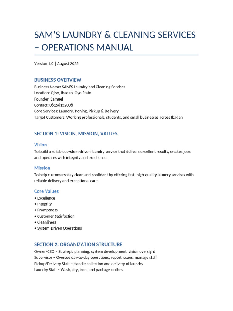 Sam's Laundry Operations Manual | PDF | Laundry