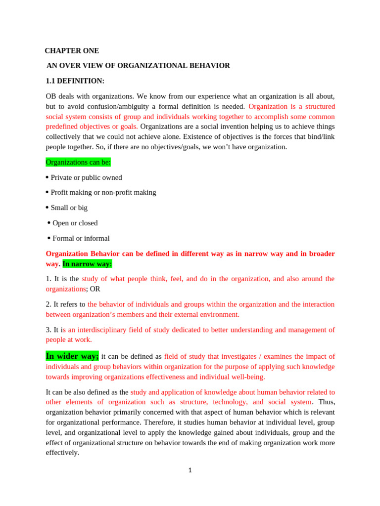 ob chapter-one 2018 | PDF | Organizational Behavior | Psychology
