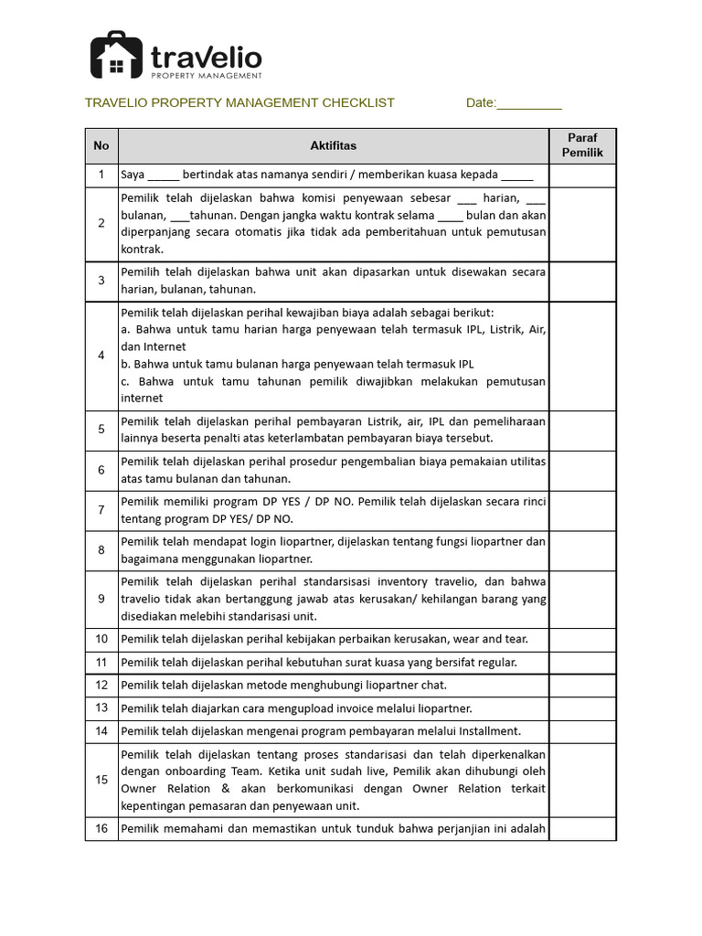 Checklist Manajemen Properti Travelio | PDF