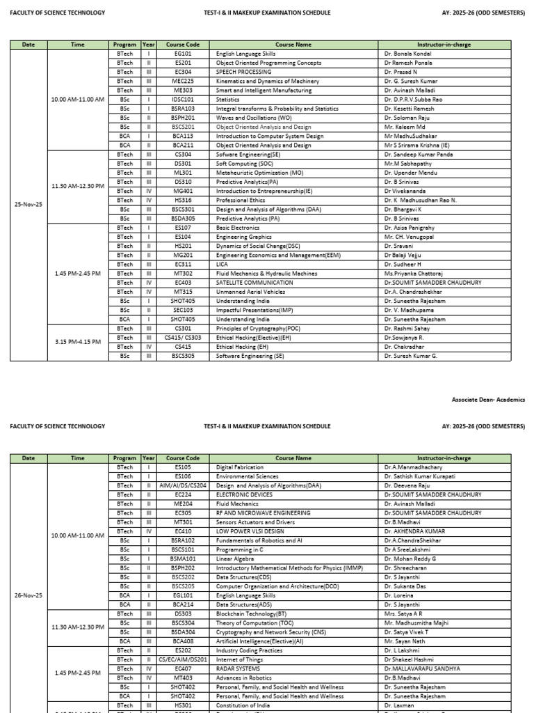 2025-26 Odd Semesters Exam Schedule | PDF | Computing