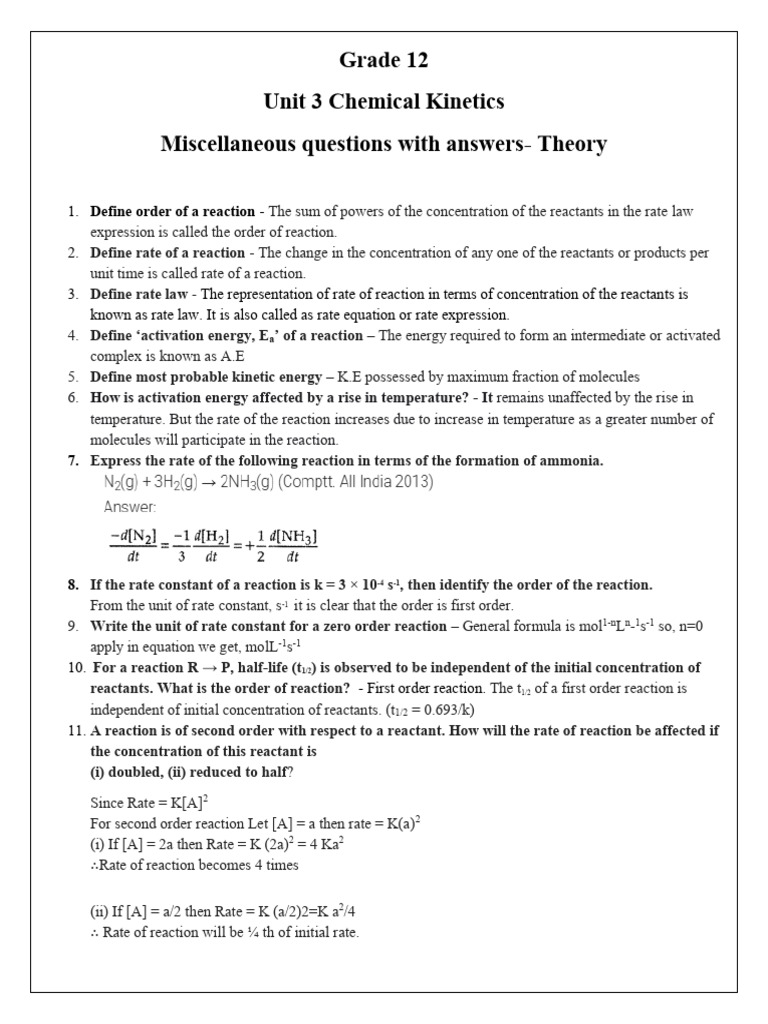 Grade 12 Chemical Kinetics Q&A Guide | PDF | Reaction Rate | Chemical ...