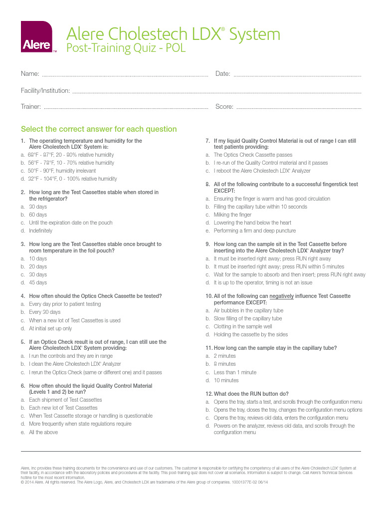 Alere Cholestech LDX Post-Training Quiz | PDF