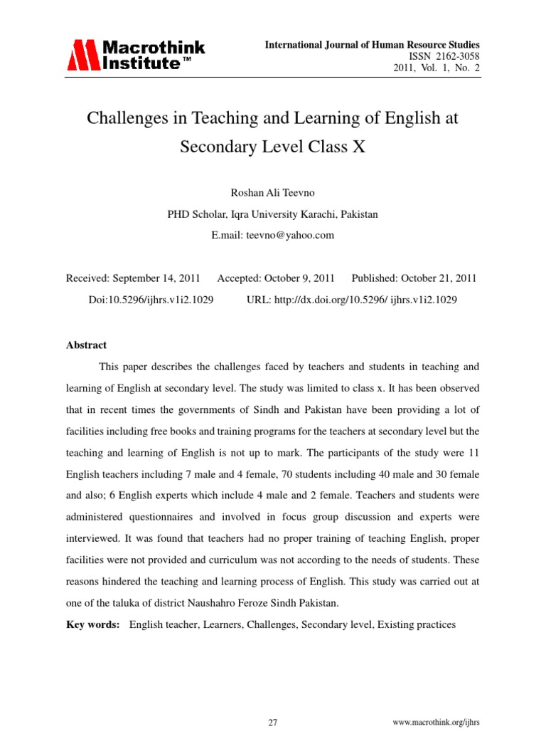 Challenges in Teaching and Learning of English at Secondary Level in ...