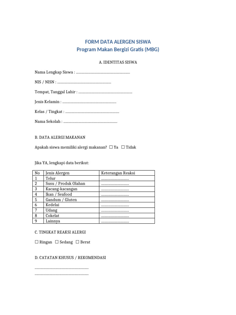Form Data Alergen Siswa MBG | PDF