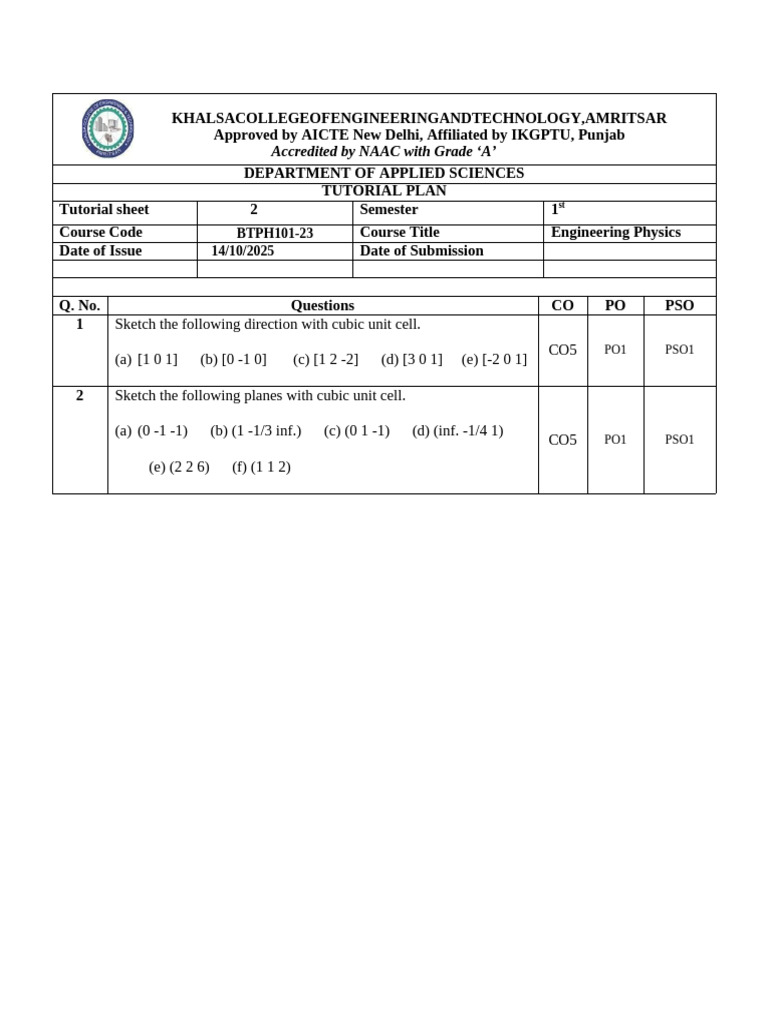 Engineering Physics Tutorial Plan | PDF