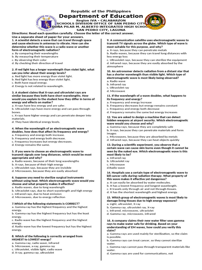 2nd PT Grade 10 Science Hots 25 26 | PDF | Electromagnetic Radiation ...