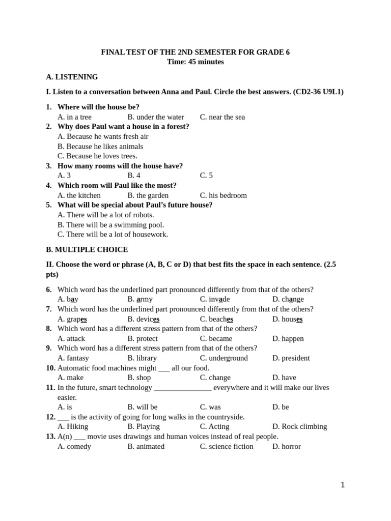 Grade 6 Final Semester Test | PDF