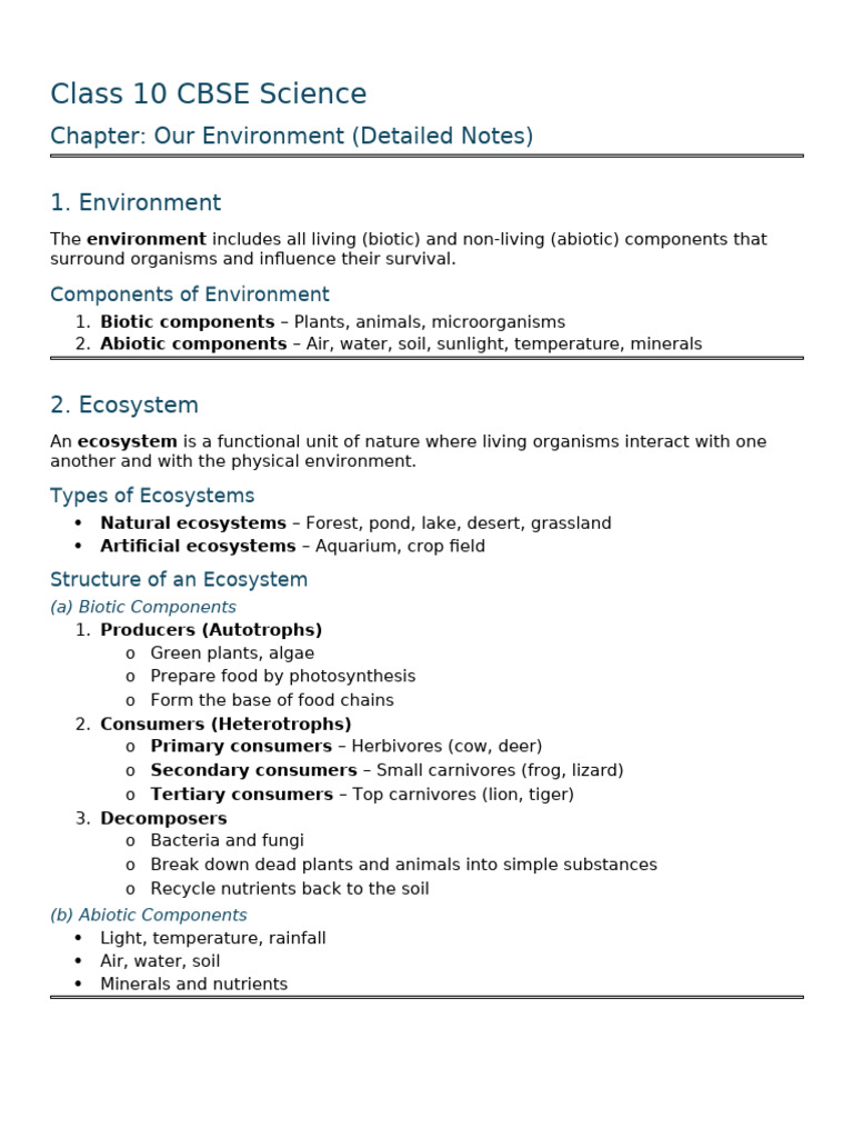 Class 10 Science: Our Environment Notes | PDF | Ecosystem | Food Web