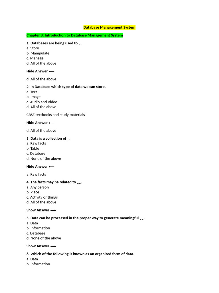 Database Management System Class 10 MCQ | PDF | Relational Database ...