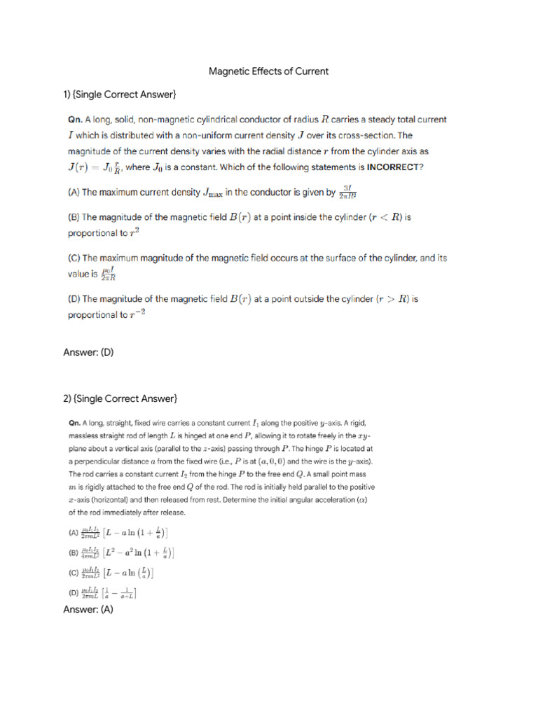 Magnetic Effects of Current Answers | PDF