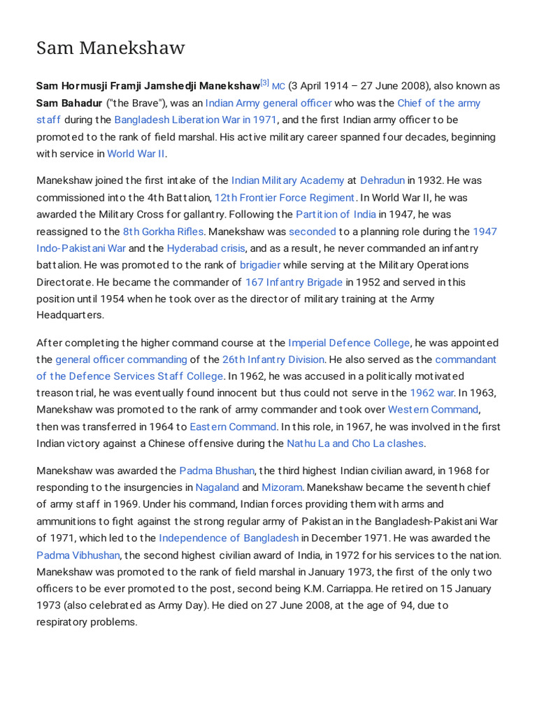 Sam Manekshaw: India's First Field Marshal | PDF | Military