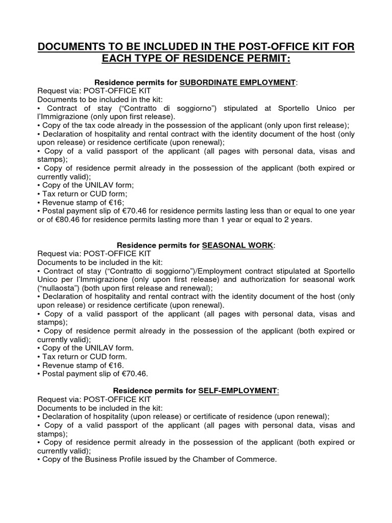 Documents To Be Included in The Post Office Kit For Each Type of ...
