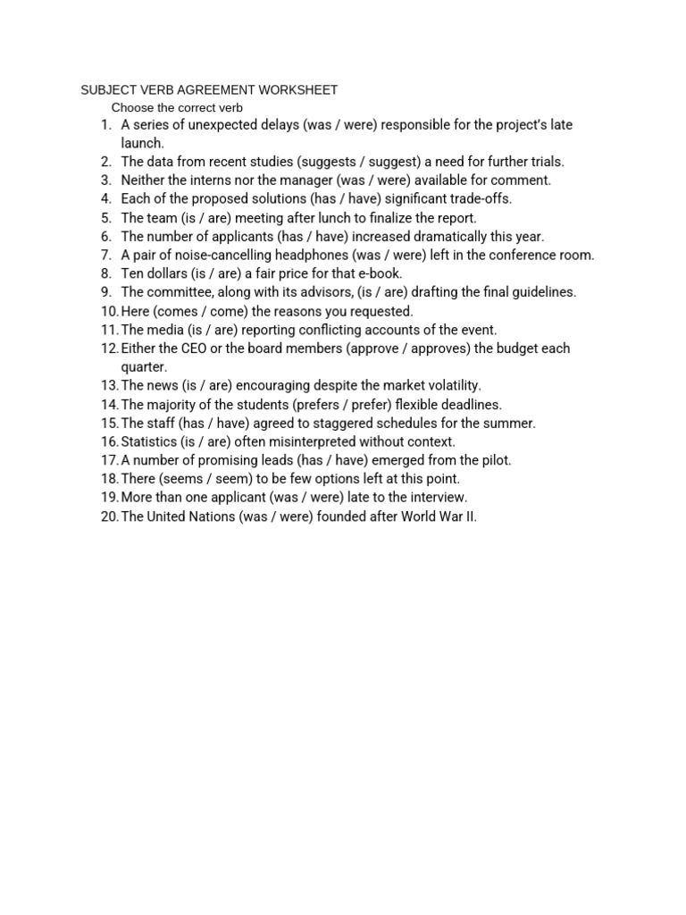 Subject Verb Agreement Worksheet | PDF