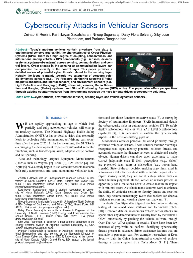 Cyber Attacks On Vehicular Sensors | PDF | Computer Security | Security