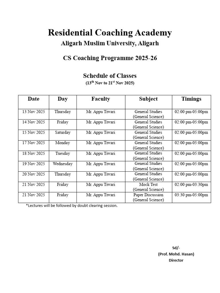 CS Coaching Schedule 2025-26 AMU | PDF