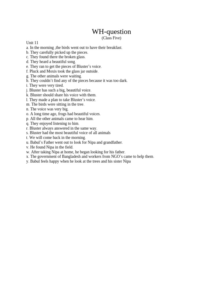 WH Question (Class Five) | PDF