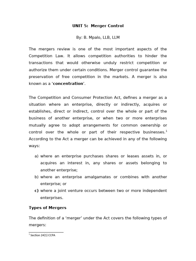 L460-UNIT 5 Merger Control | PDF | Mergers And Acquisitions | Market ...