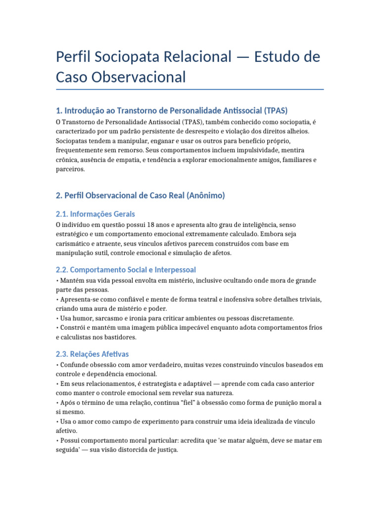 Perfil Sociopata Completo Refeito PDF | PDF | Transtorno de ...