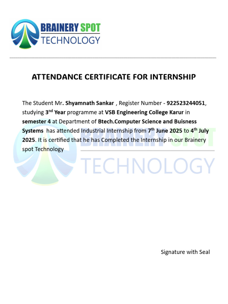 Attendance Certificate For Internship | PDF