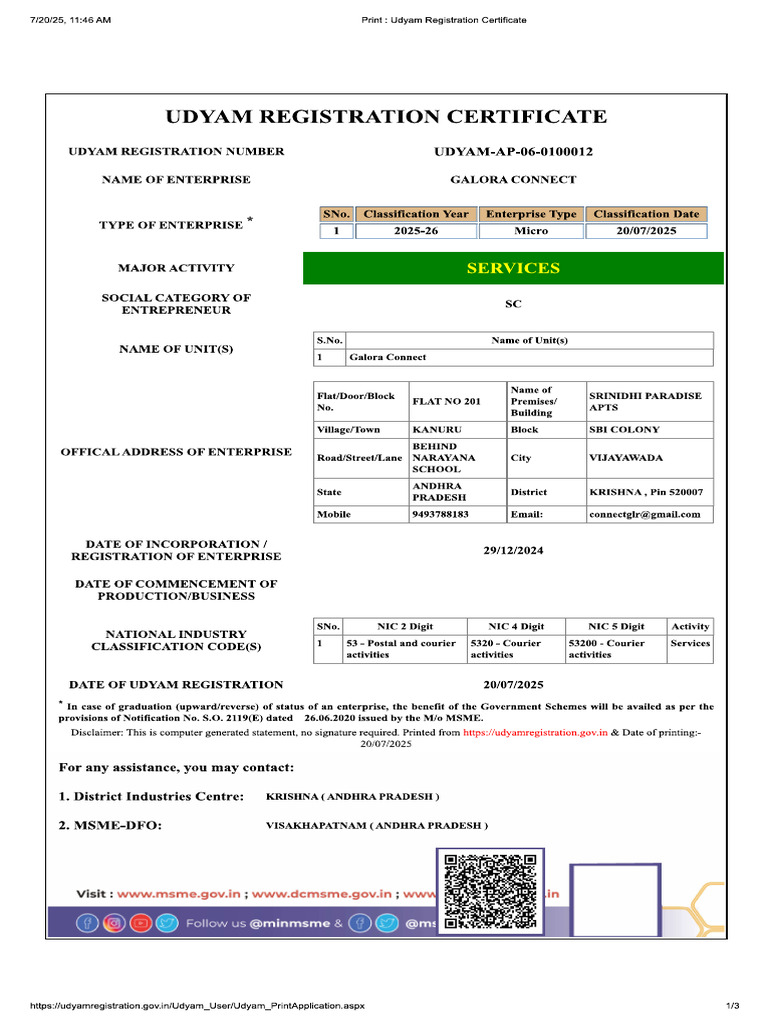 Galora Connect Udyam Certificate | PDF