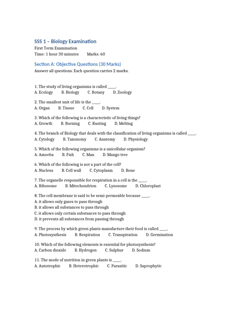 Biology First Term Exam Questions | PDF | Biology | Cell (Biology)