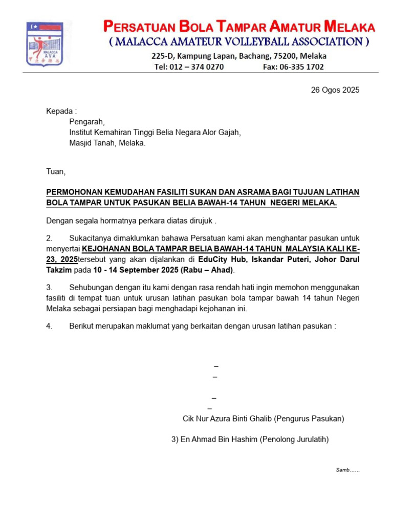 Permohonan Fasiliti Latihan Bola Tampar | PDF