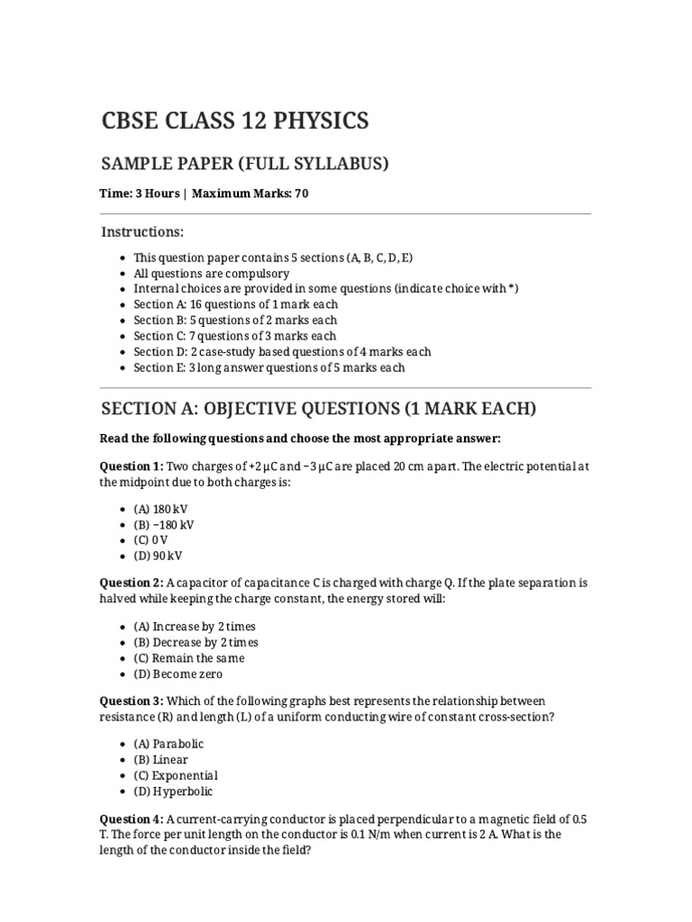 Class 12 Physics Sample Paper | PDF | Electron | Inductor