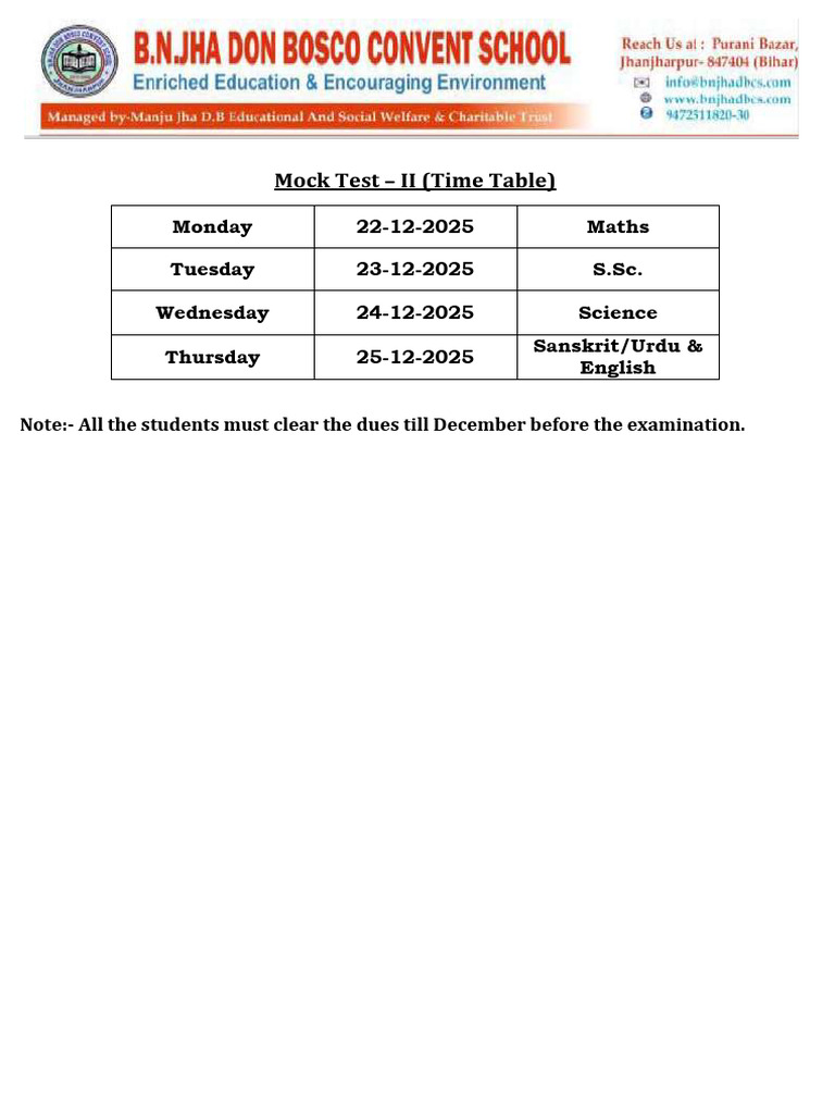 Class X Mock Test - II Time Table | PDF