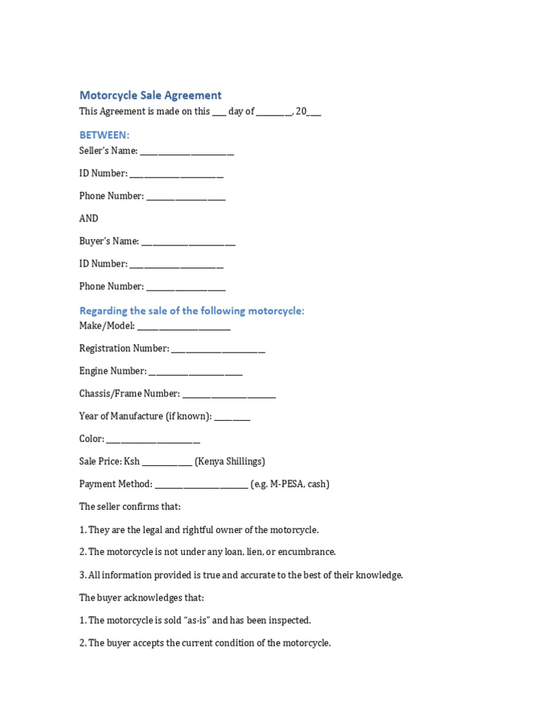Motorcycle Sale Agreement | PDF
