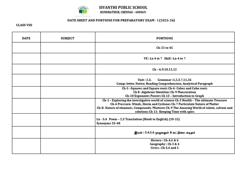 Class VIII Prep Exam Date Sheet 2025-26 | PDF