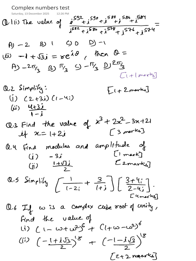 Complex Numbers Test | PDF