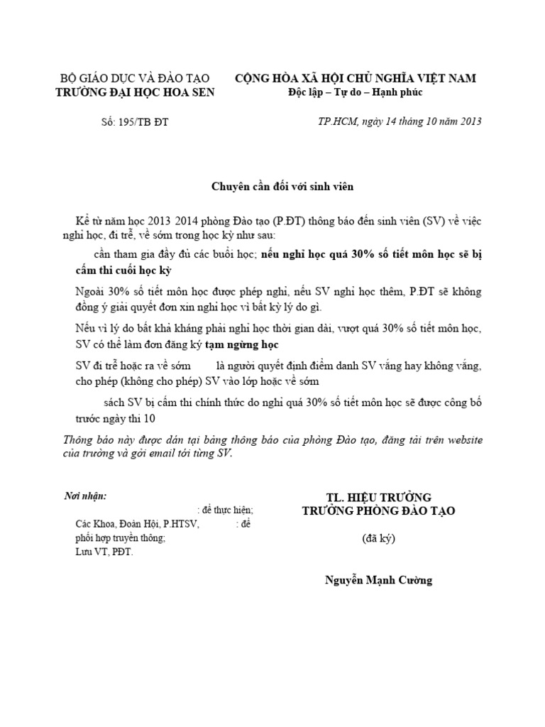 195. TB Nhac Nho SV Vv Chuyen Can | PDF