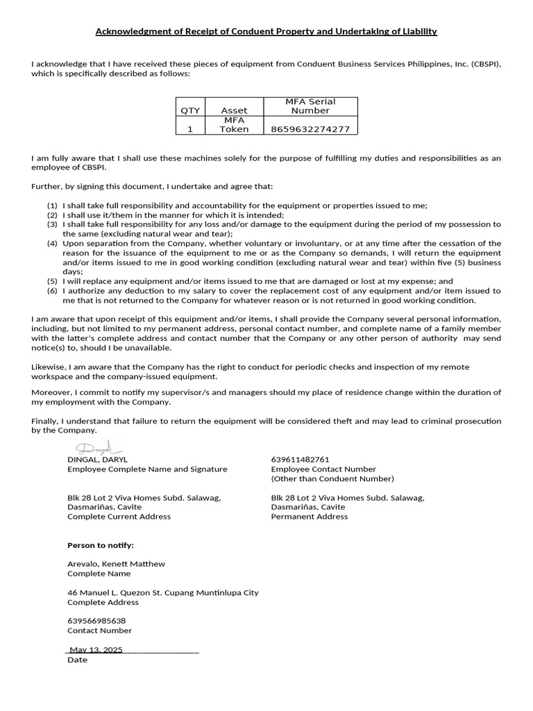 Conduent Equipment Receipt Acknowledgment | PDF