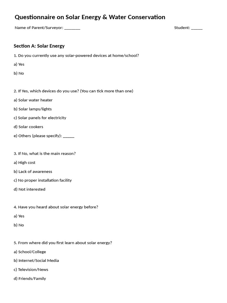 Questionnaire On Solar Energy and Water c.2 | PDF