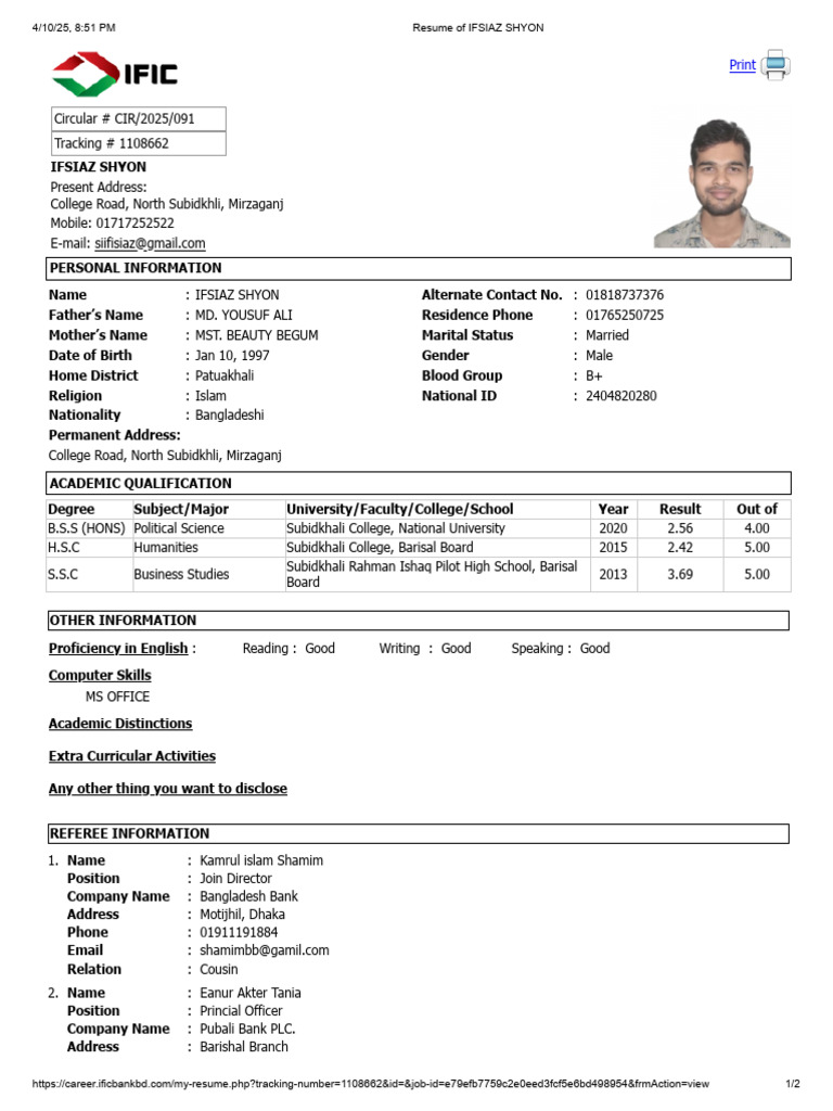 IFIC Resume of IFSIAZ SHYON | PDF | Bangladesh