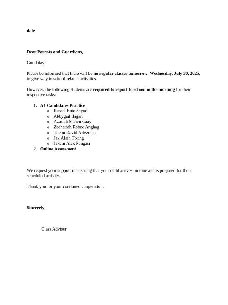 No Classes Announcement for July 30, 2025 | PDF