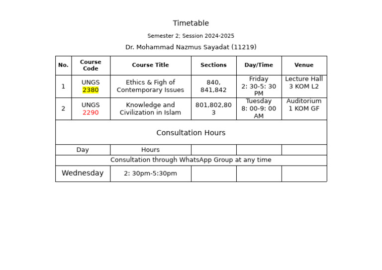 Semester 2 Timetable 2024-2025 | PDF