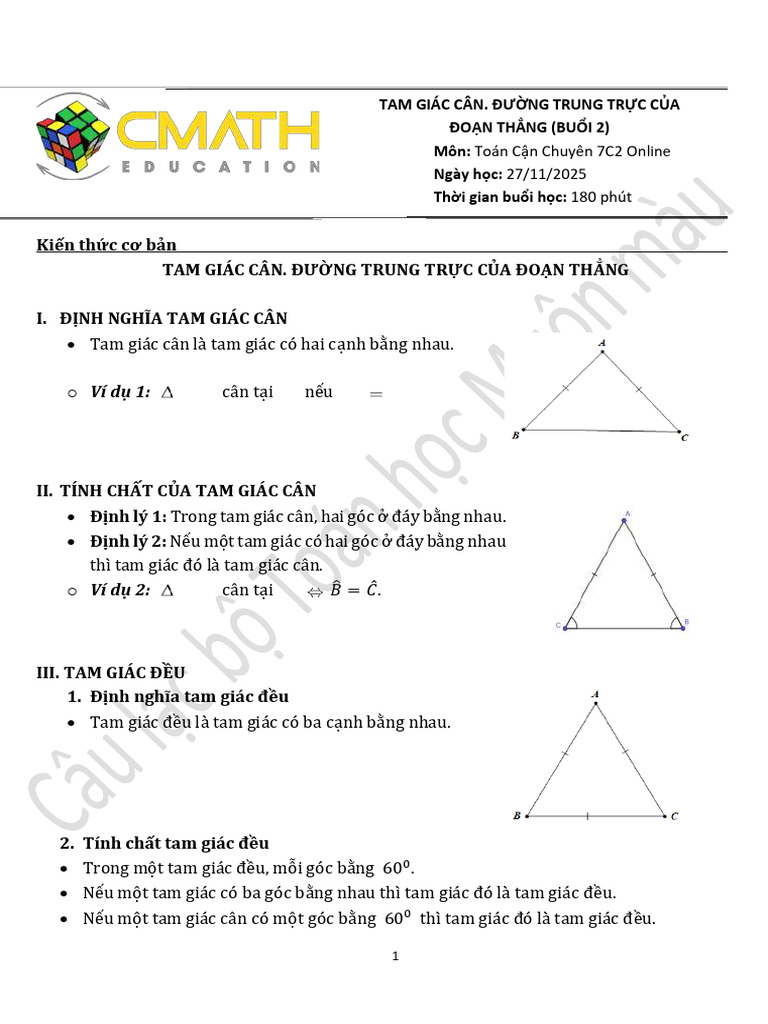 Vở (L7C2 On - 25) - Buổi 24 - Tam Giác Cân, Đường Trung Trực Của Đoạn ...