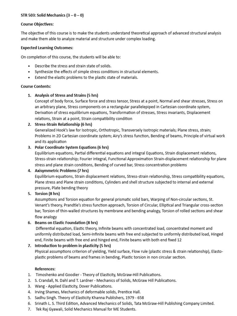 Syllabus Solid Mechanics | PDF | Stress (Mechanics) | Bending