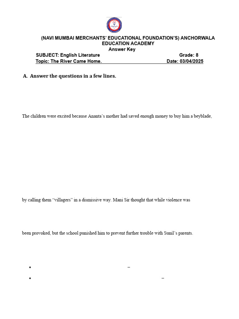 The River Came Home Answer Key | PDF