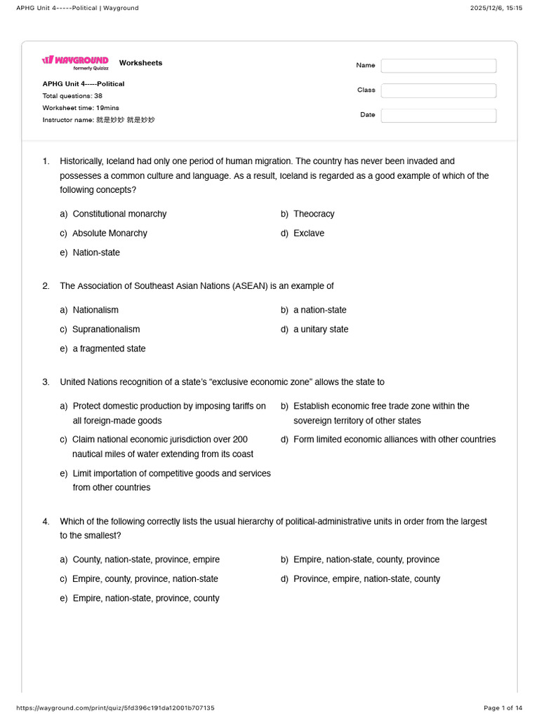 APHG Unit 4 Political - Wayground | PDF | Territorial Waters | Nation State