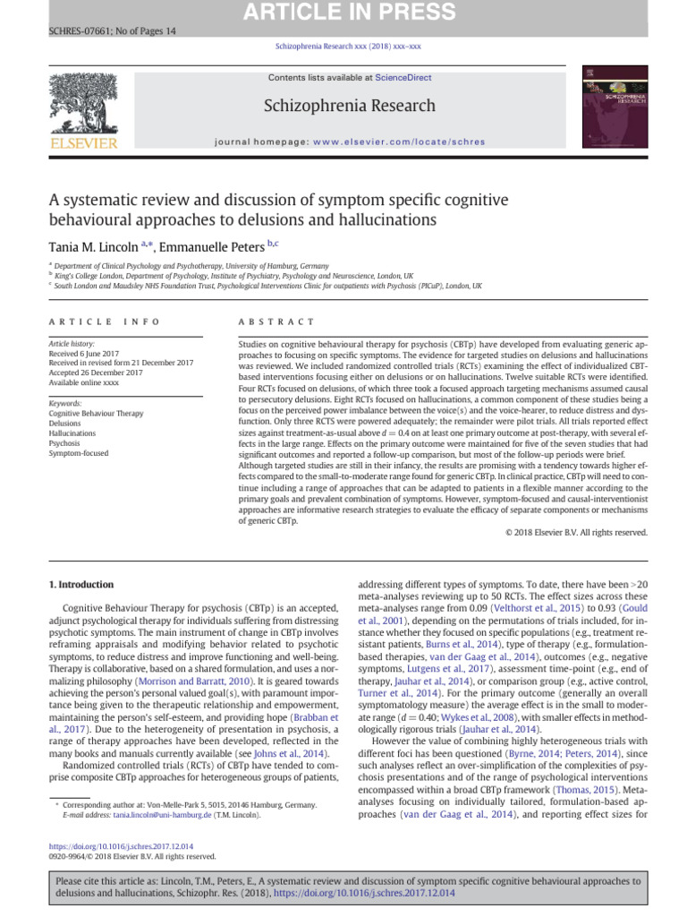 Cognitive Behavioral Therapy for Delusions & Hallucinations | PDF ...