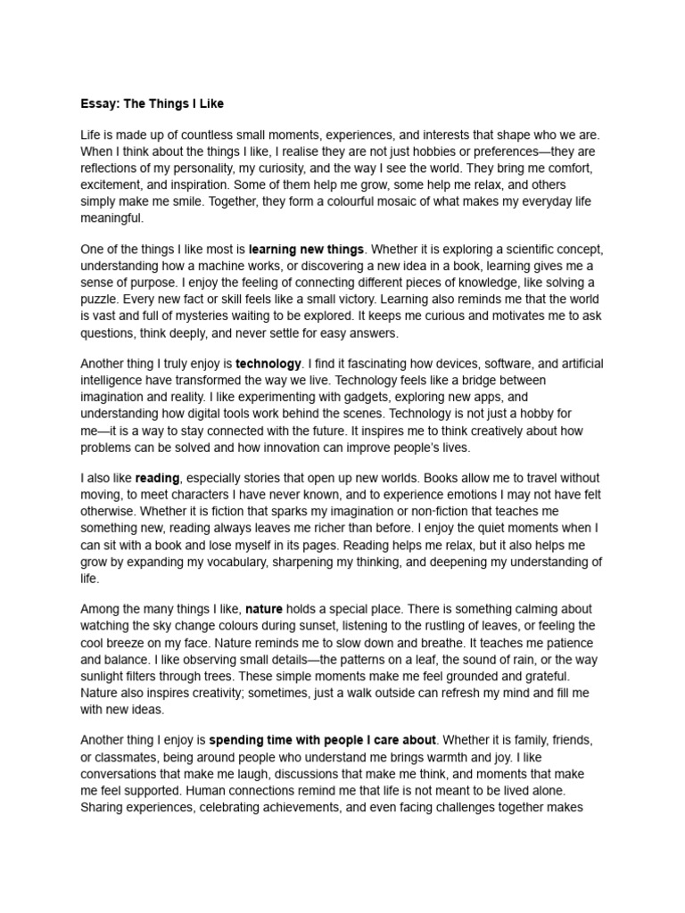 Essay - The Things I Like | PDF | Creativity | Imagination